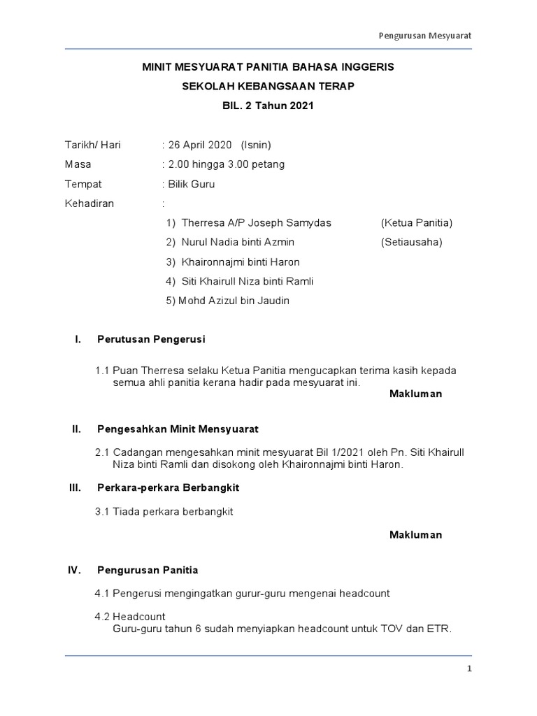 Minit Mesyuarat Panitia Pendidikan Muzik 2022 Kali Kedua | PDF