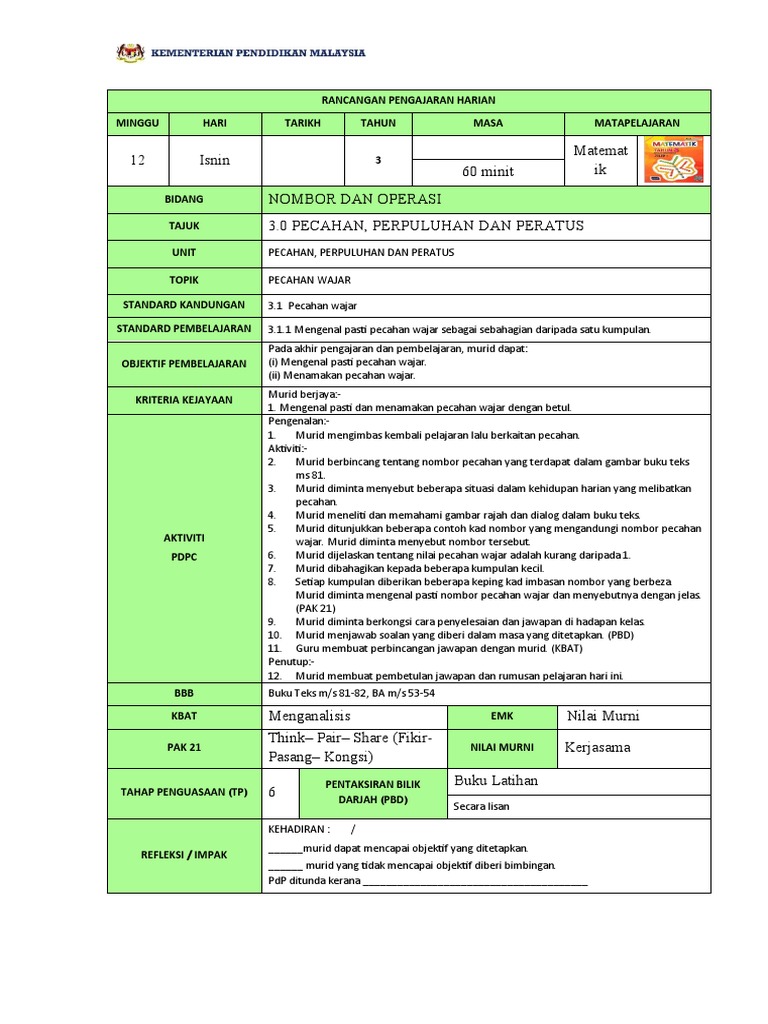 RPH MT THN 3 Tajuk 3 (M12 - M18) Pecahan | PDF
