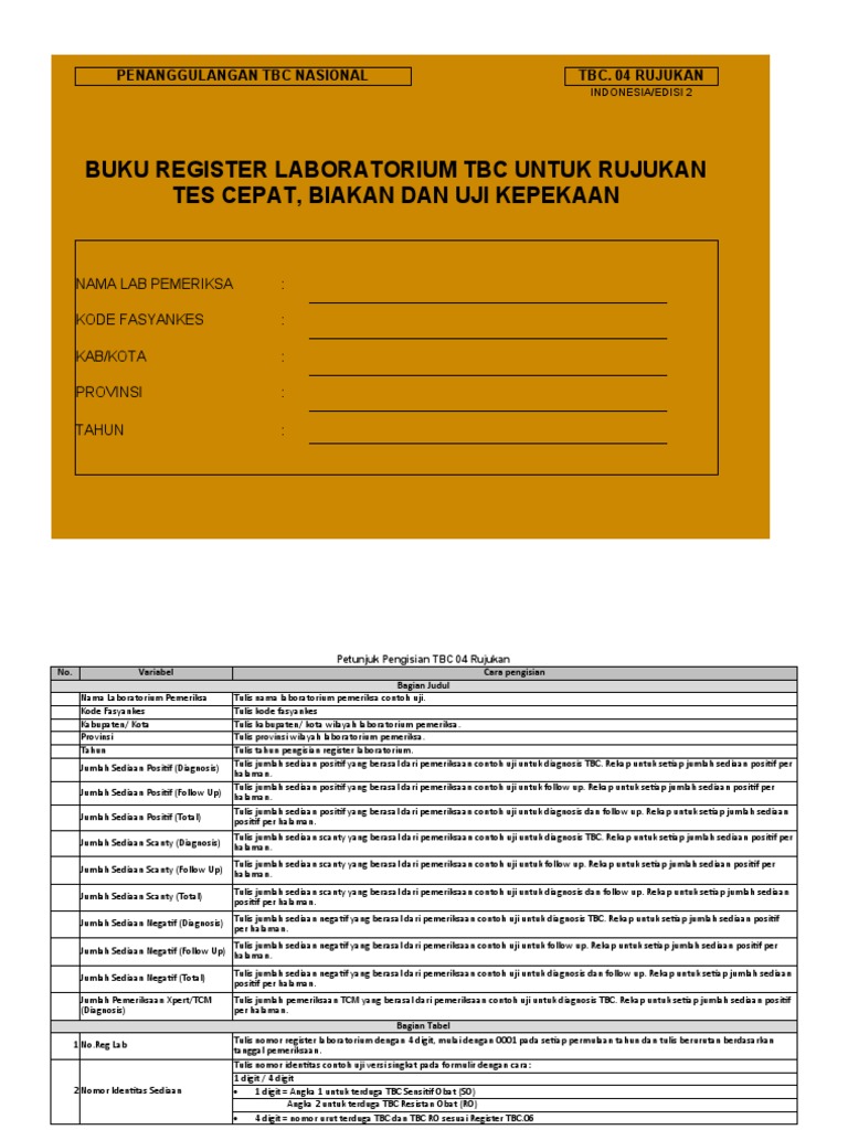 Buku Register Laboratorium TBC Untuk Rujukan Tes Cepat, Biakan Dan Uji ...