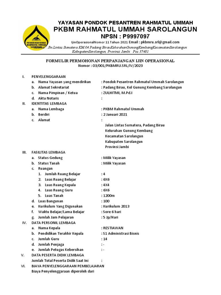 Formulir Permohonan Perpanjangan Ijin Operasional | PDF