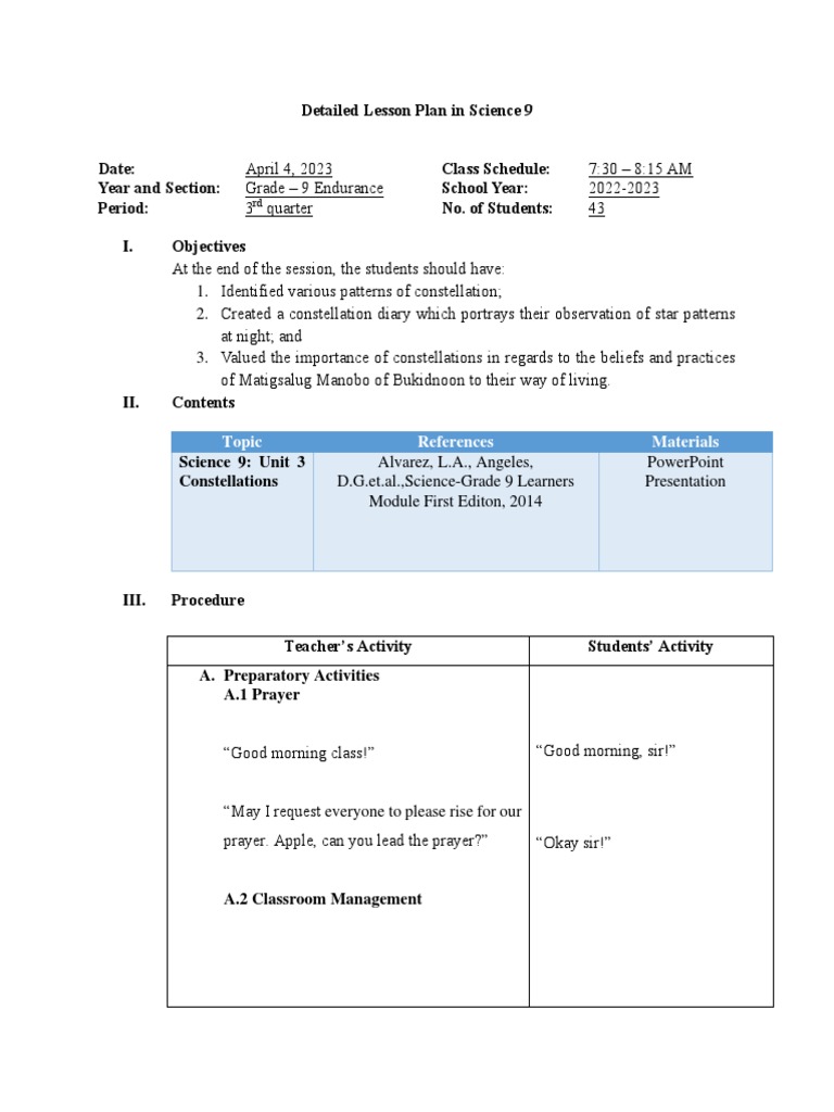 Detailed Lesson Plan in Science 9 | PDF | Constellation