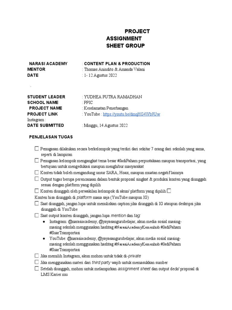 Project Assignment Sheet Grup Narasi Academy Kemenhub 1 | PDF