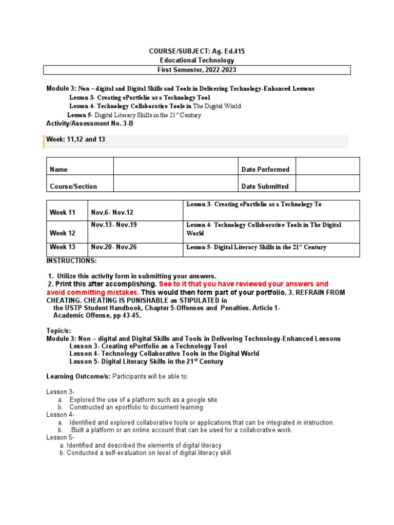 Module 3 Lessons 3 4 and 5tech - Activity and Assessments | PDF ...