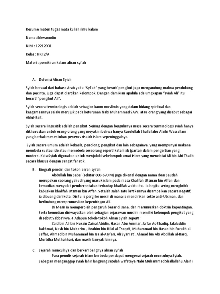 Resume Materi Tugas Mata Kuliah Ilmu Kalam | PDF