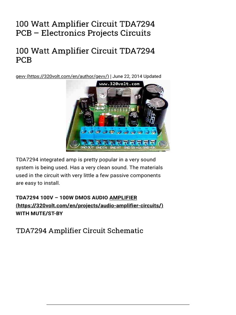 100 Watt Amplifier Circuit TDA7294 PCB - Electronics Projects Ci | PDF