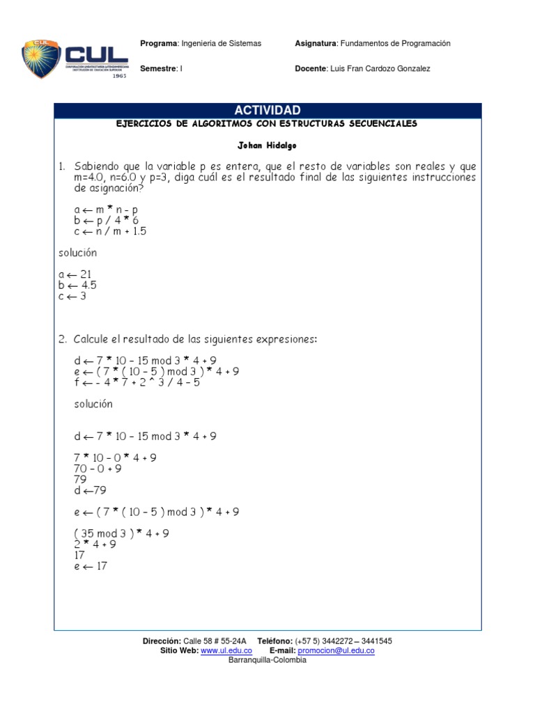 Actividad: Ejercicios de Algoritmos Con Estructuras Secuenciales Johan ...