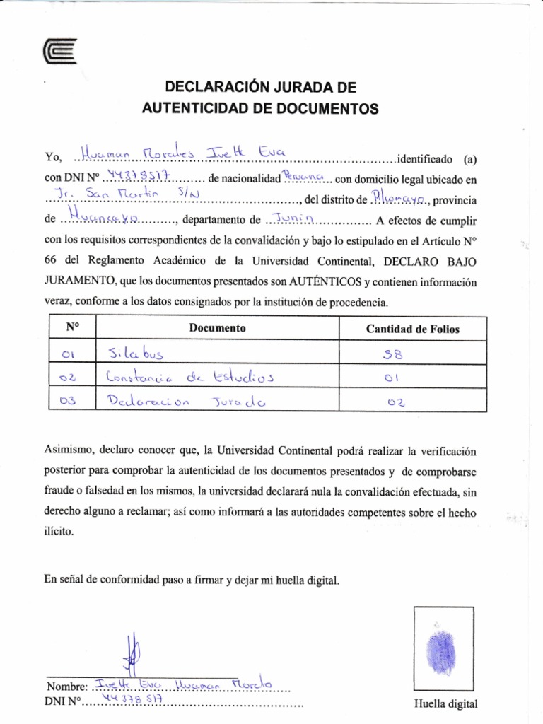 Declaracion Jurada de Autenticidad de Documentos | PDF