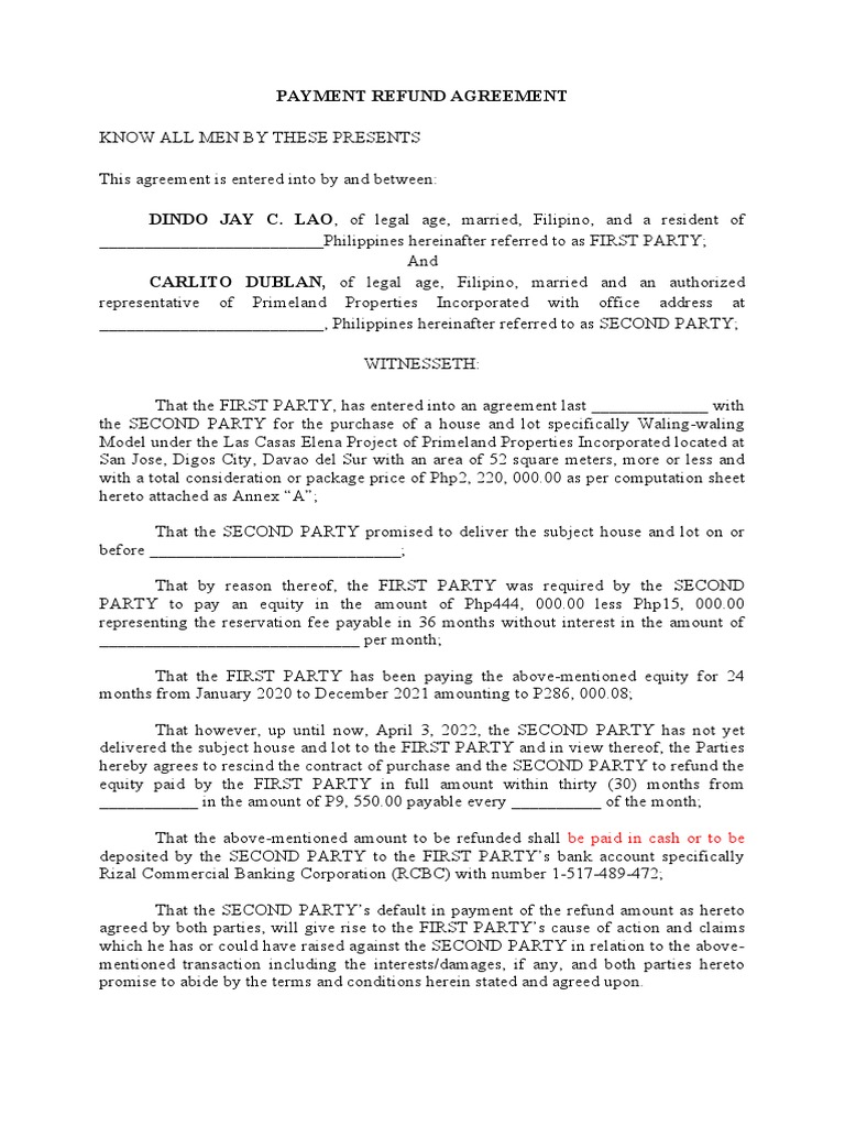 Payment Refund Agreement | PDF | Private Sector | Financial Services