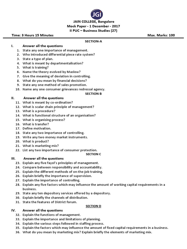 Business Studies Mock Paper 20 | PDF | Marketing | Investing