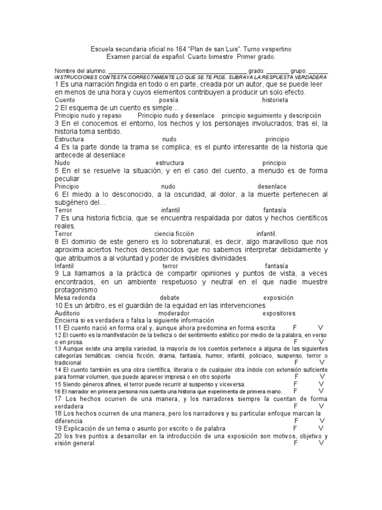 Examen de Español 4 | PDF | Cuentos | Narración