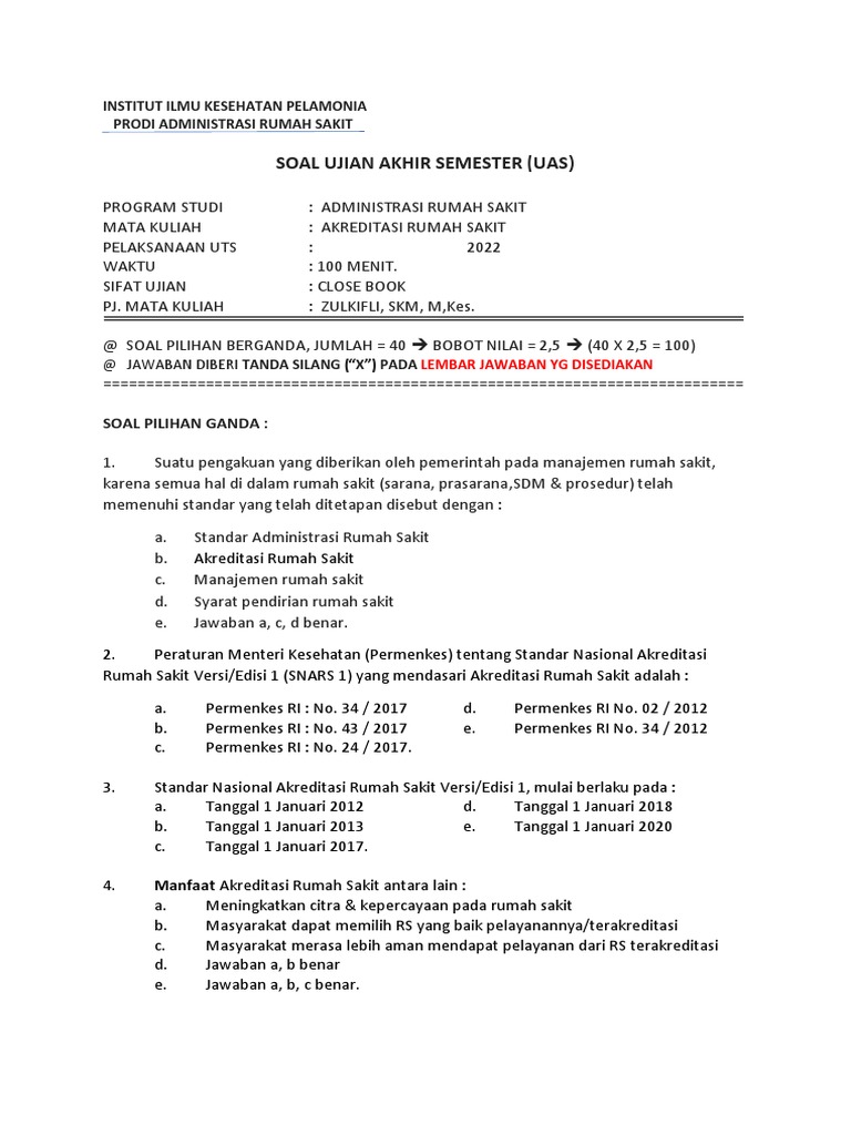 Soal Ujian Akhir Semester (Uas) : Institut Ilmu Kesehatan Pelamonia Prodi Administrasi Rumah ...