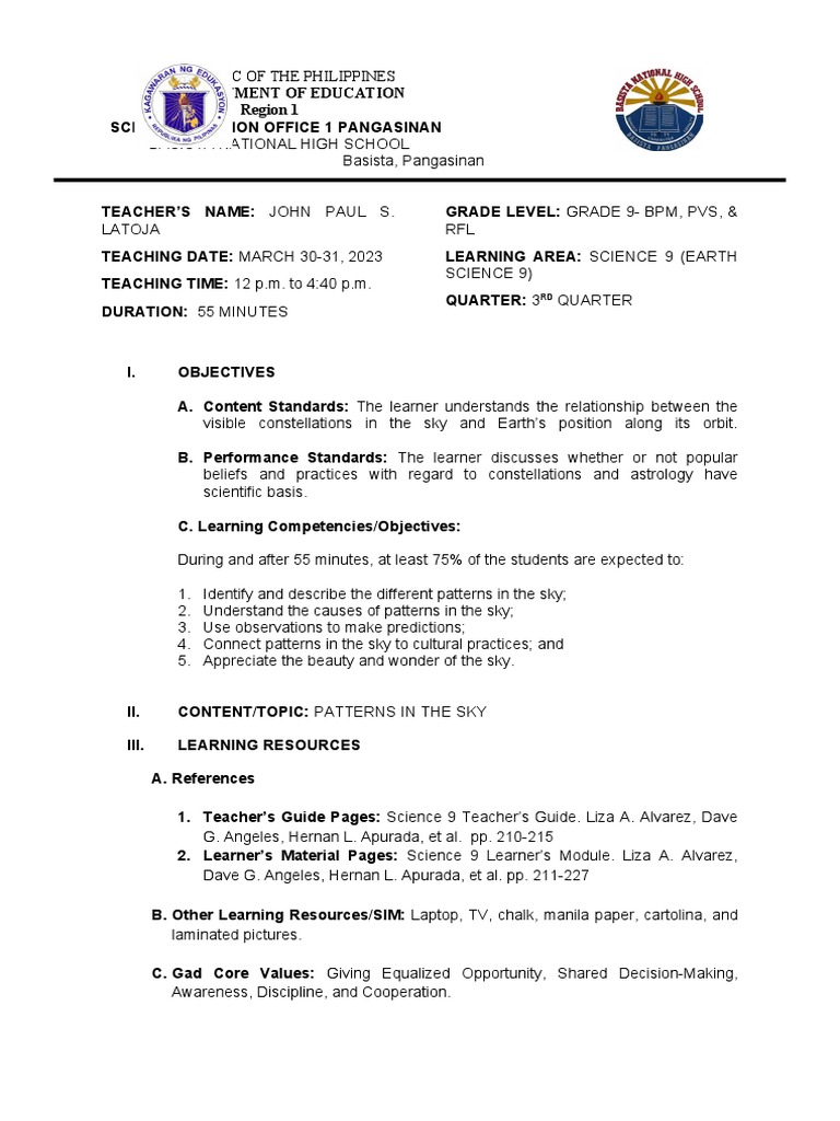 Patterns in the Sky: Grade 9 Lesson Plan | PDF | Teachers | Learning