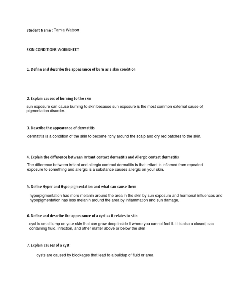Skin Conditions Worksheet 2017 | PDF | Dermatitis | Skin