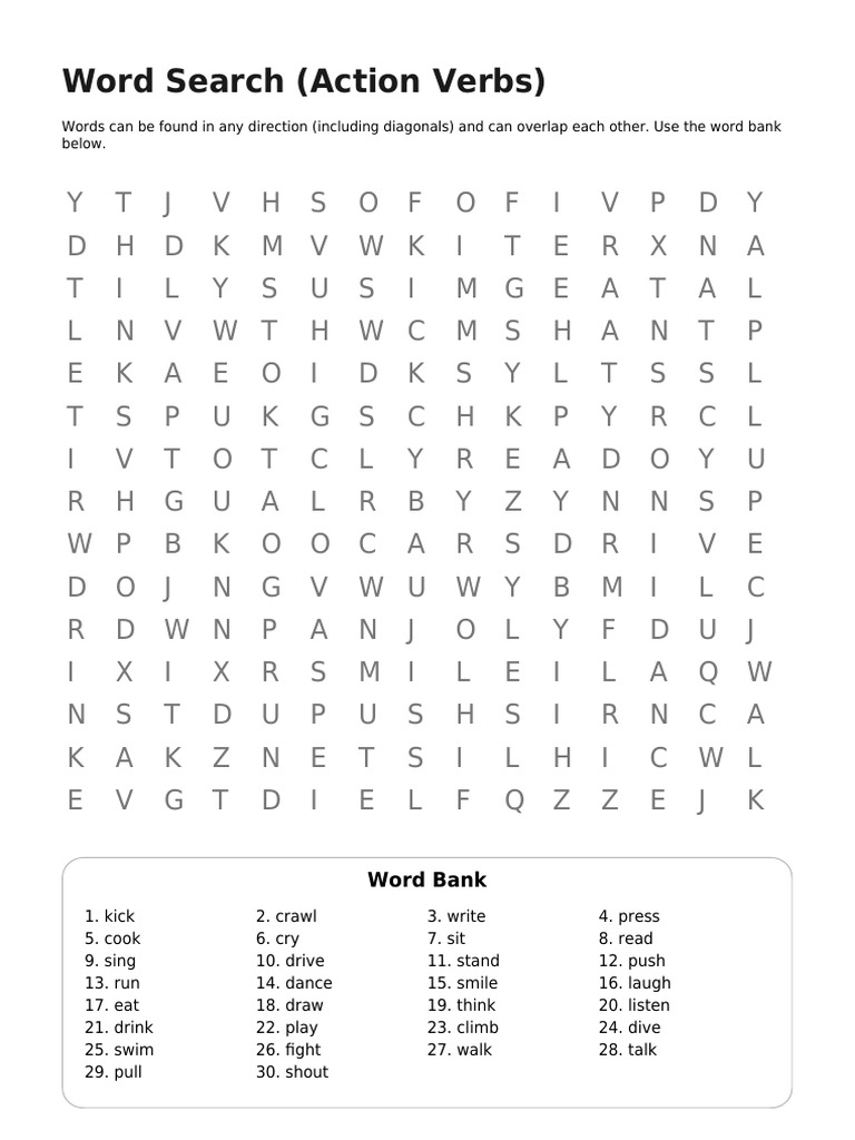 Word Search Action Verbs | PDF