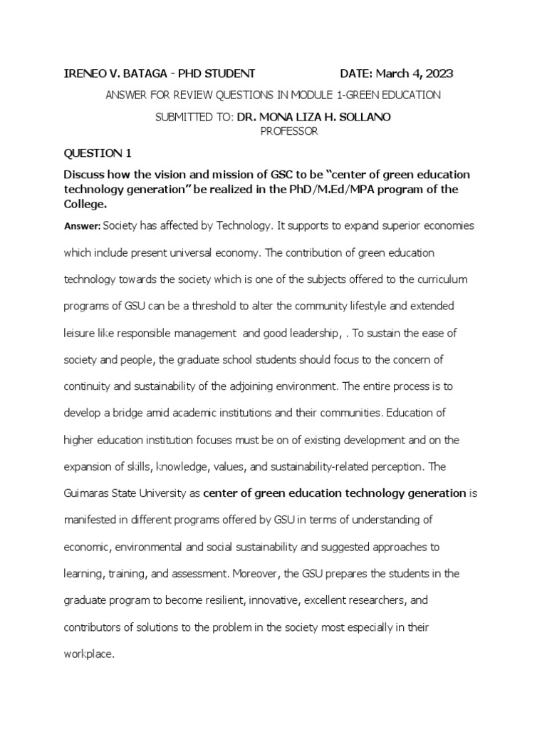 Green Education Module 1-Answer Ireneo v. Bataga | PDF | Teachers ...