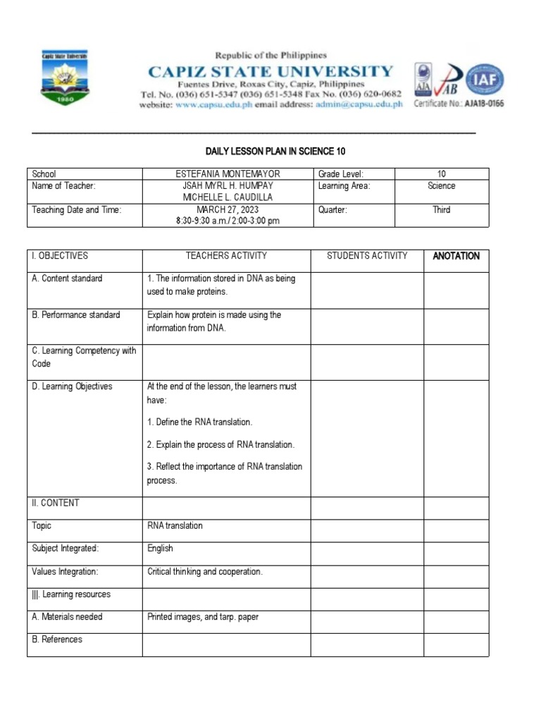 RNA Translation Lesson Plan | PDF | Translation (Biology) | Messenger Rna