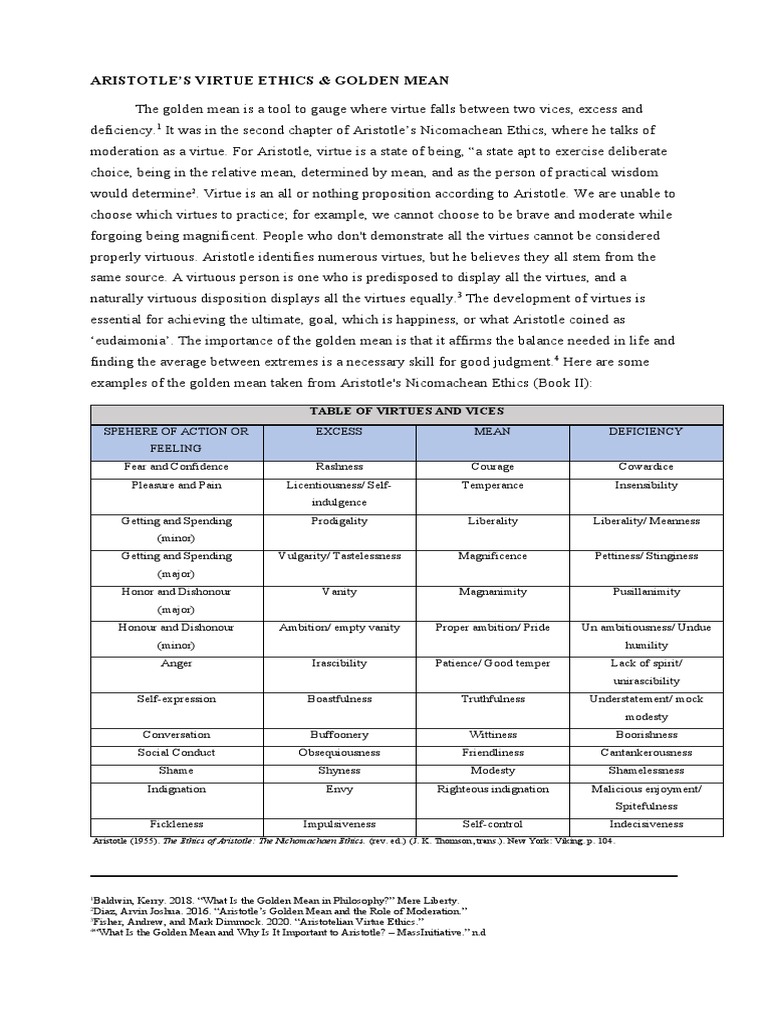 Aristotle's Virtue Ethics and Golden Mean | PDF | Virtue | Personality ...