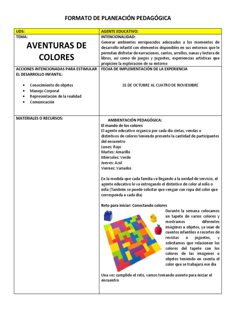 Aventuras de Colores: Formato de Planeación Pedagógica | PDF | Color