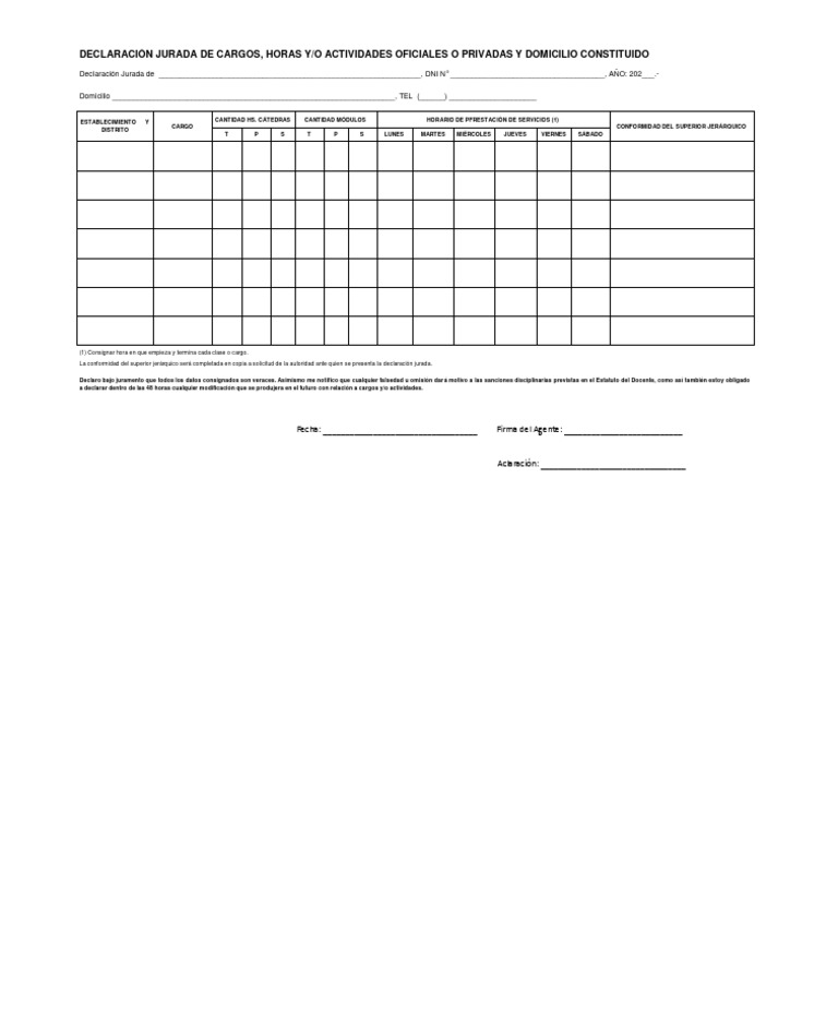 Declaración Jurada de Cargos y Horas | PDF