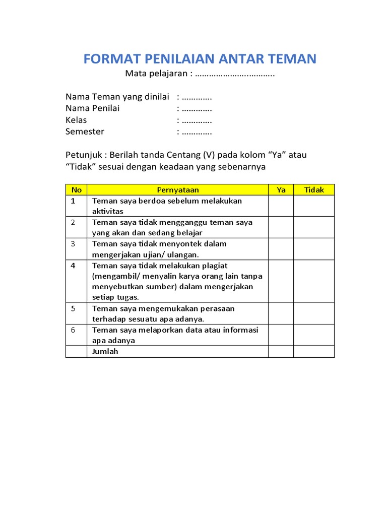 Format Penilaian Antar Teman | PDF | Karier & Perkembangan | Seni & Disiplin Bahasa