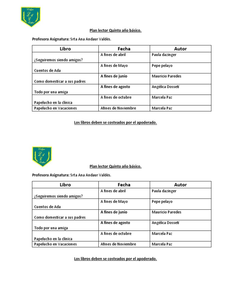 Plan Lector Quinto Año Básico Pdf