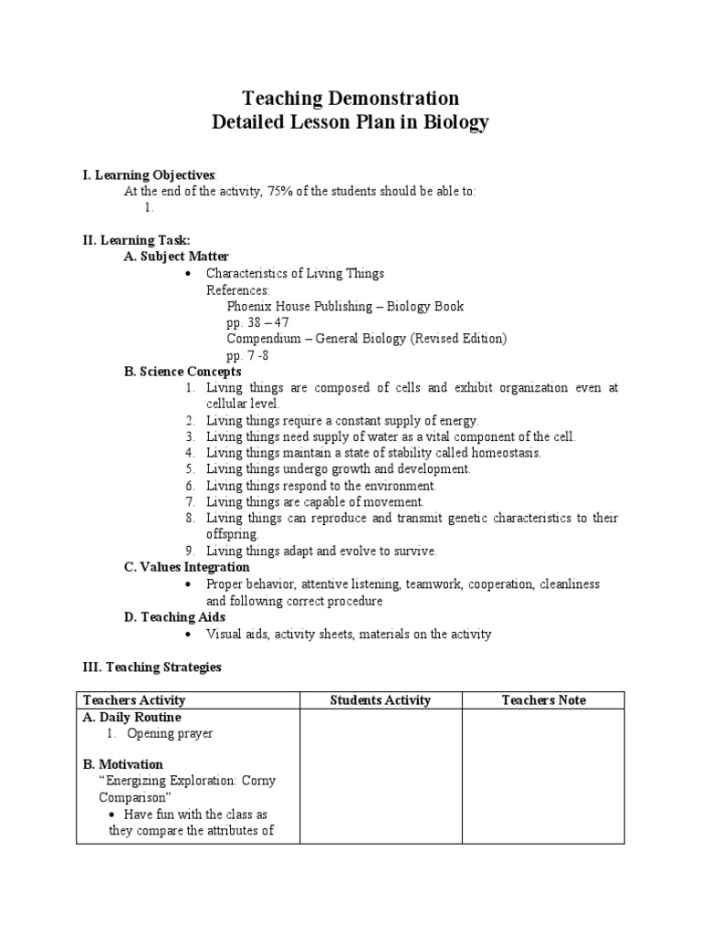 Teaching Demonstration Lesson Plan | PDF | Life | Biology