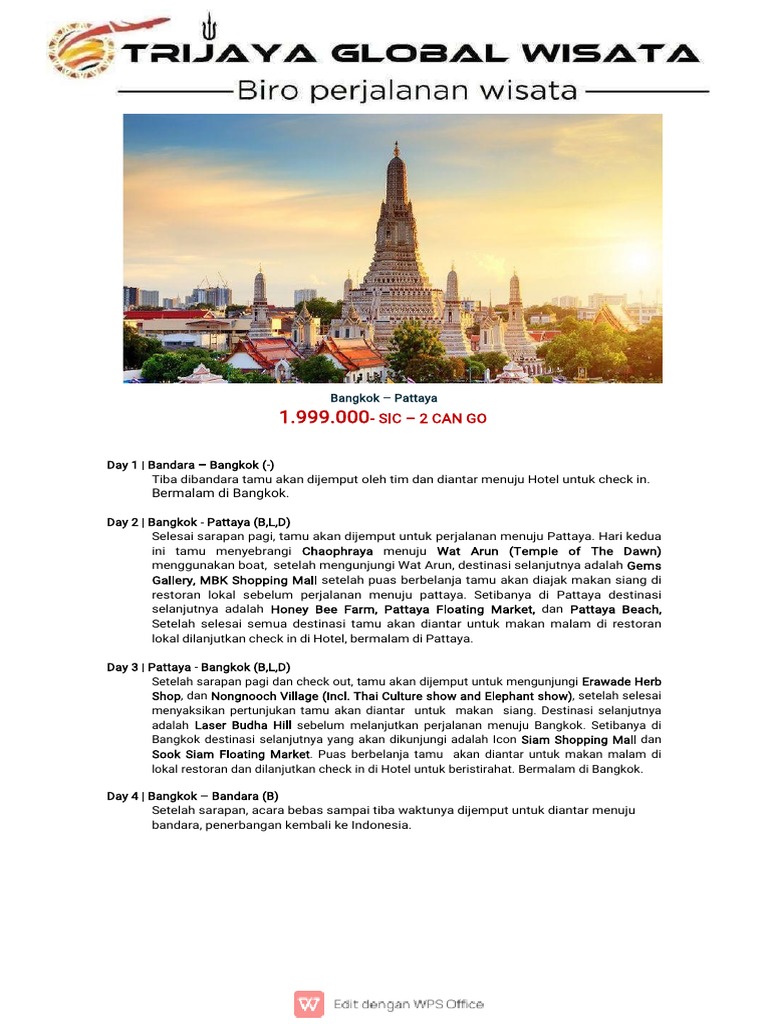 Sic 2 Can Go - Bangkok - Pattaya - 4 Hari 3 Malam | PDF