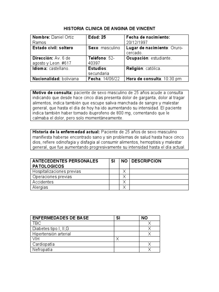 Historia Clinica de ANGINA DE VINCENT | PDF | Especialidades Medicas ...