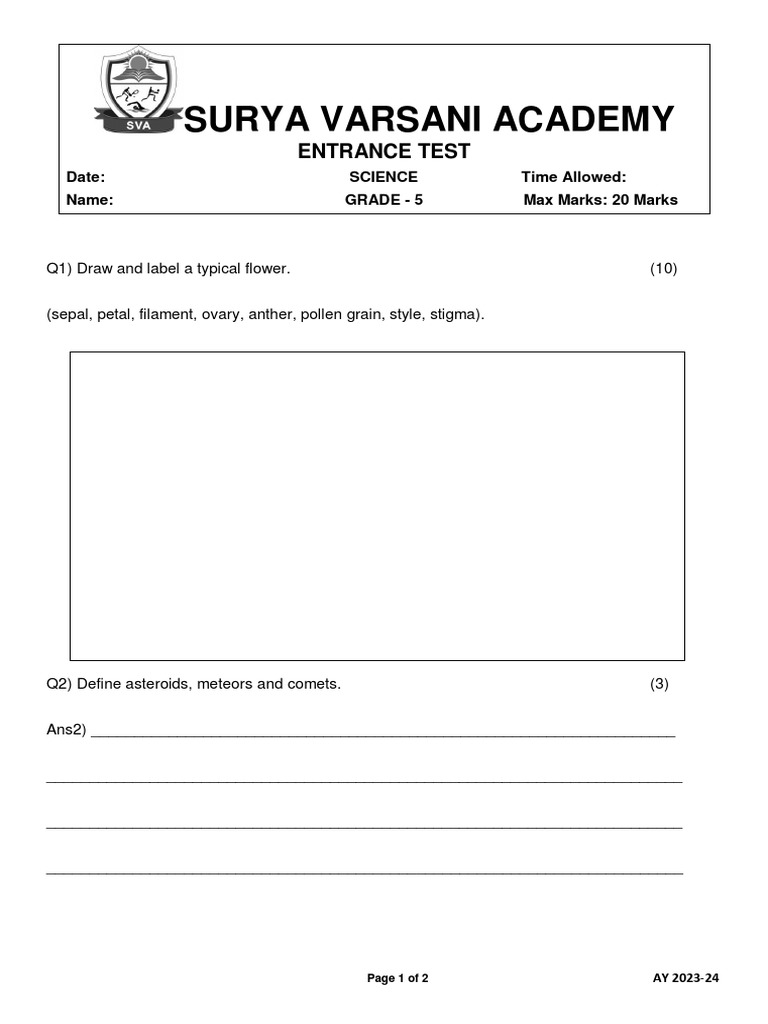 Surya Varsani Academy: Entrance Test | PDF