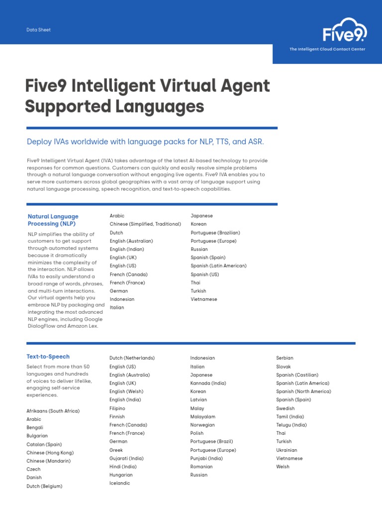 Data Sheet_ Five9 IVA Supported Language | PDF | Spanish Language | Portuguese Language