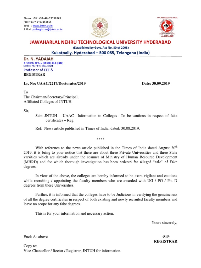 351university - Letter - Fake - Certificates - Notice - 05102019 File | PDF