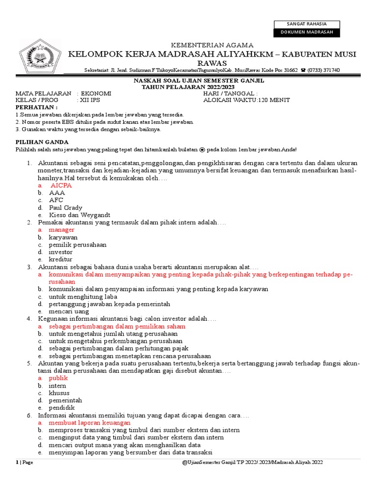 Soal Ekonomi Xii Semester Ganjil 2022-2023 | PDF | Pengelolaan Keuangan & Uang | Hukum