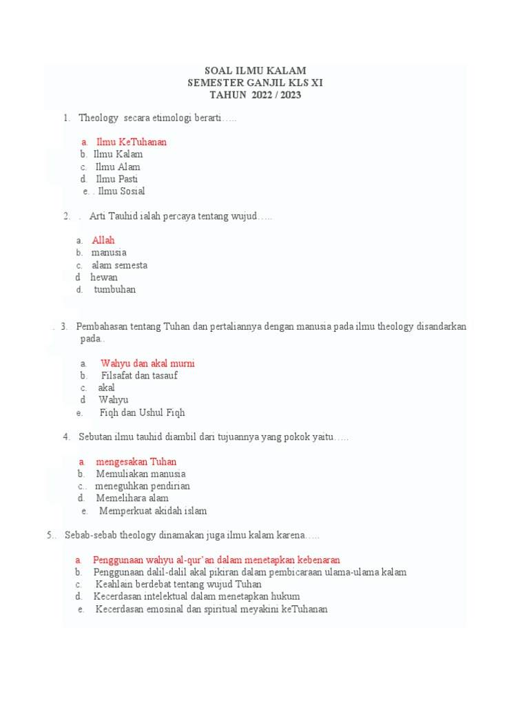 Soal Ilmu Kalam KLS Xi Ganjil 2122 | PDF