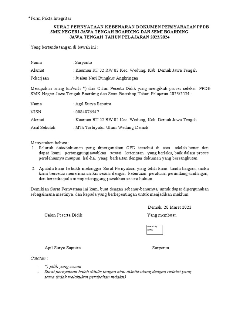 Form Pakta Integritas | PDF
