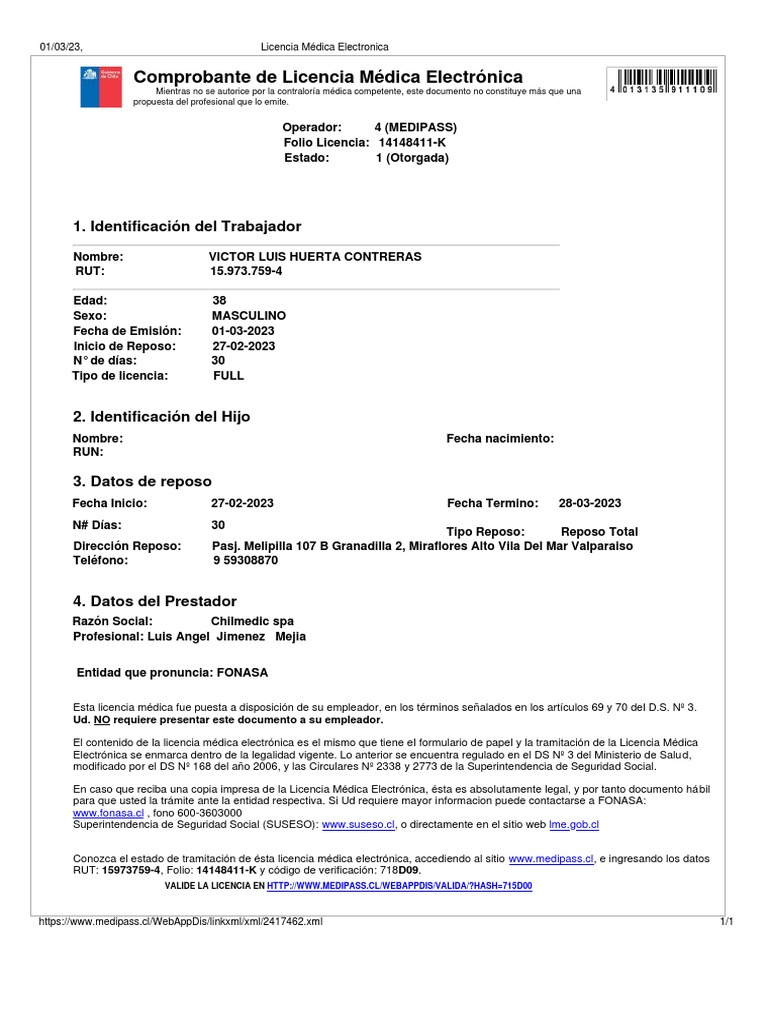 Comprobante de Licencia Médica Electrónica: 1. Identificación Del Trabajador | PDF