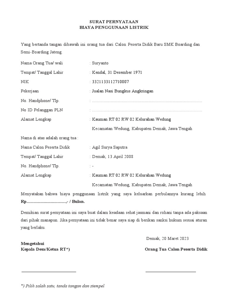 Surat Pernyataan Biaya Listrik SMK | PDF | Kesehatan Holistik