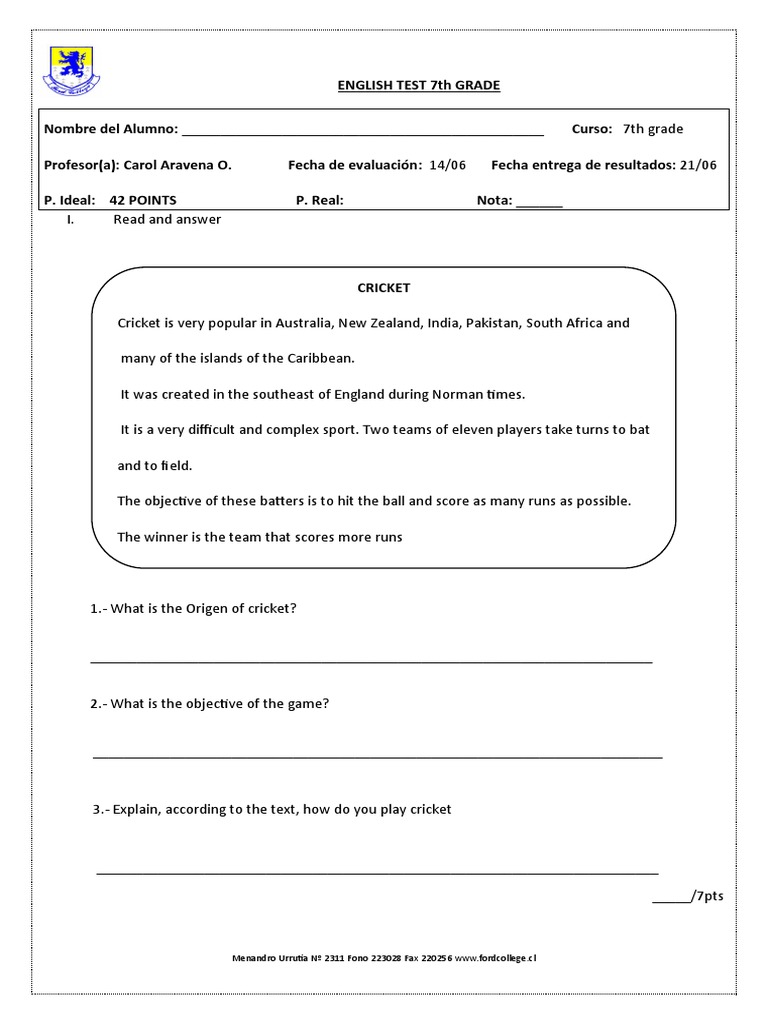 ENGLISH TEST 7th GRADE | PDF