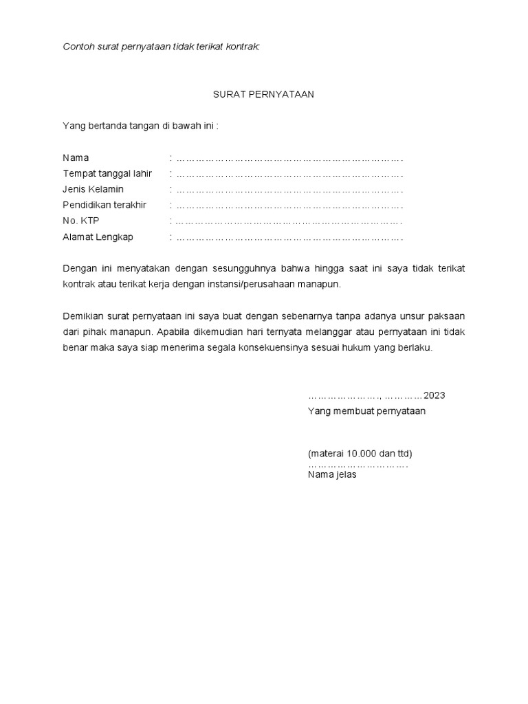 Contoh Surat Pernyataan Tidak Terikat Kontrak | PDF