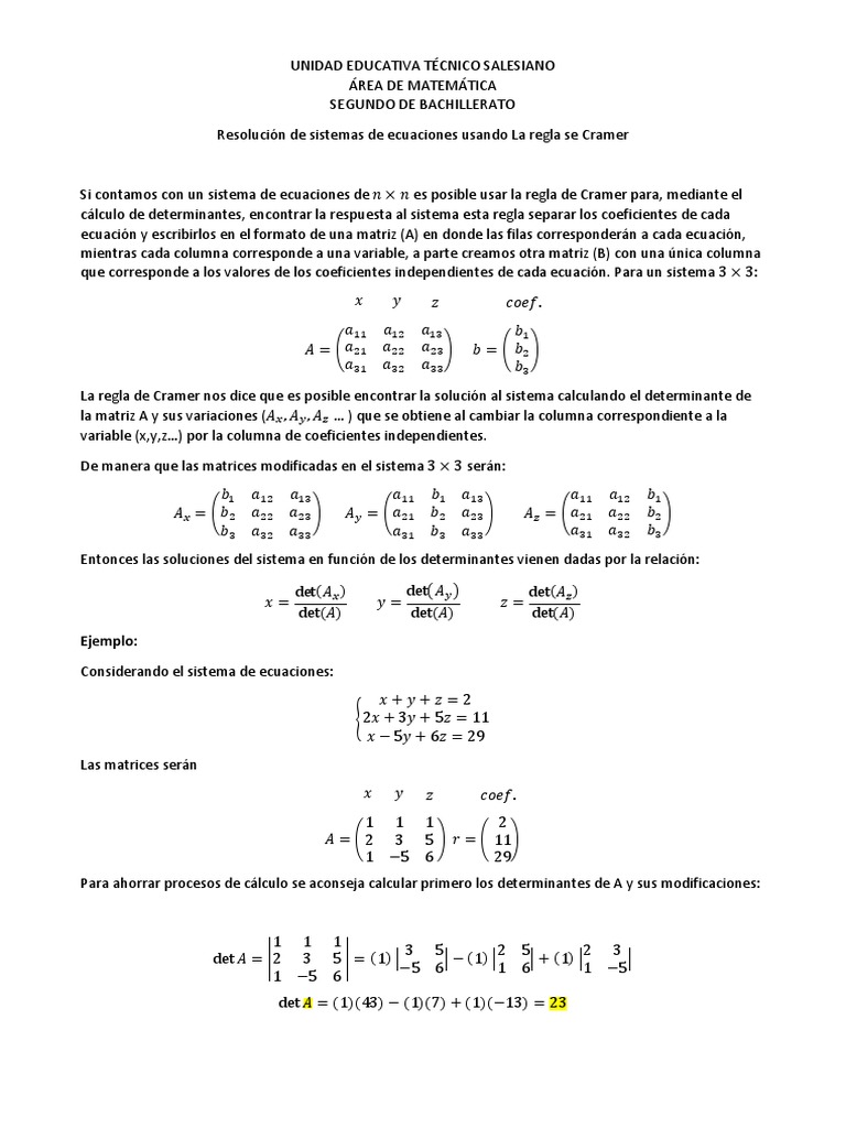 Regla de Cramer | PDF | Determinante | Matriz (Matemáticas)