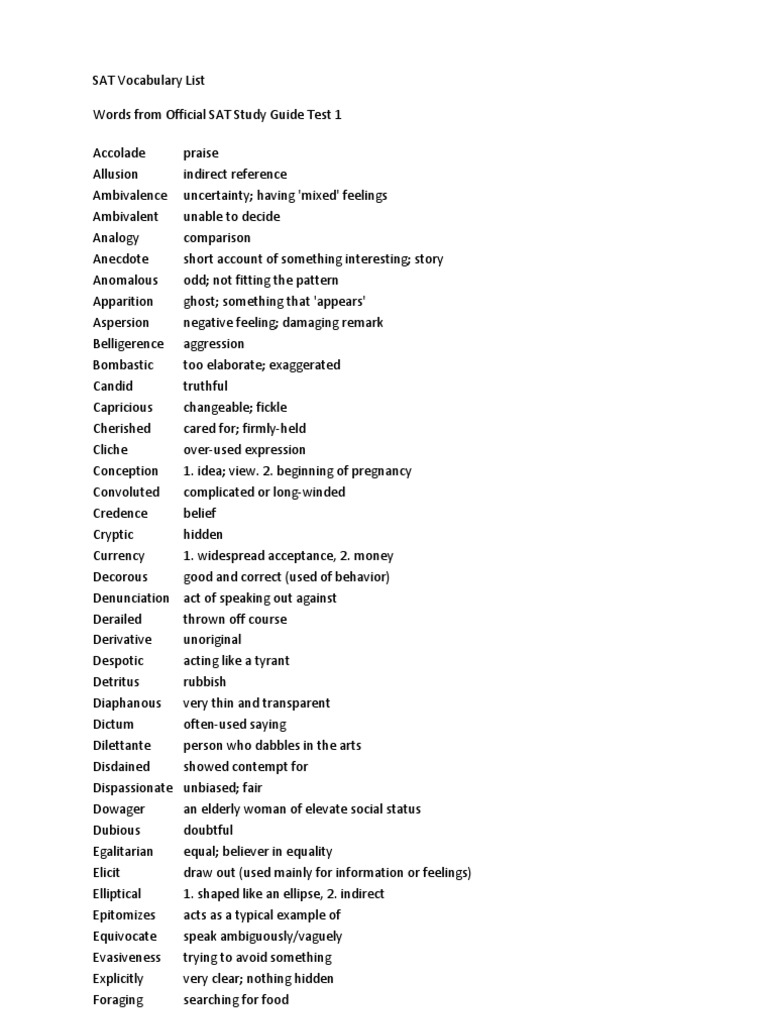 Official SAT Vocabulary List 2024 | PDF | Anger | Cognitive Science