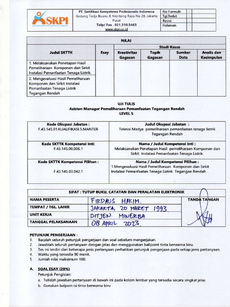 Data Uji Tulis Iptl Firdaus Hakim | PDF