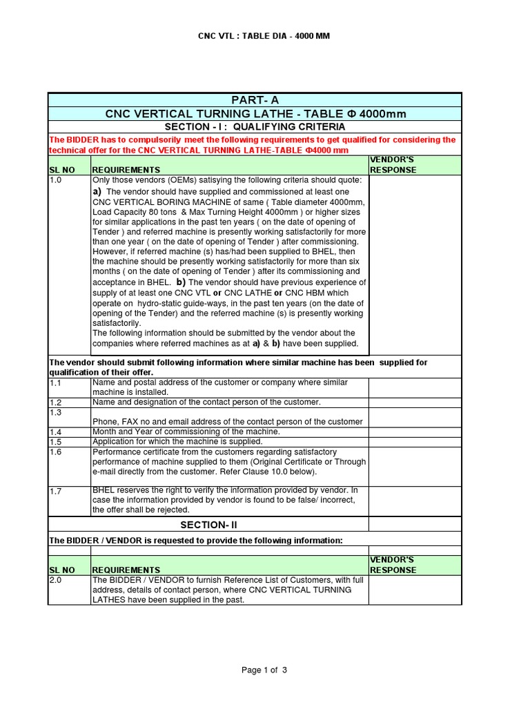Part-A Cnc Vertical Turning Lathe - Table Φ 4000Mm: Section - I ...