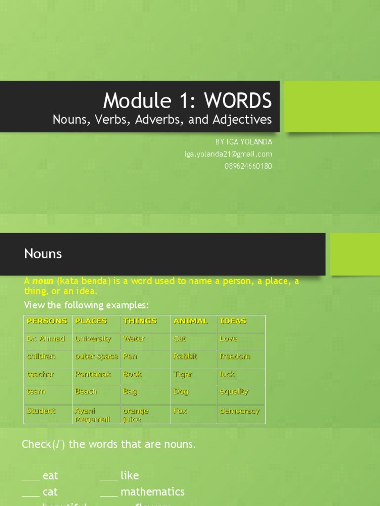 Module 1: WORDS: Nouns, Verbs, Adverbs, and Adjectives | PDF | Verb ...