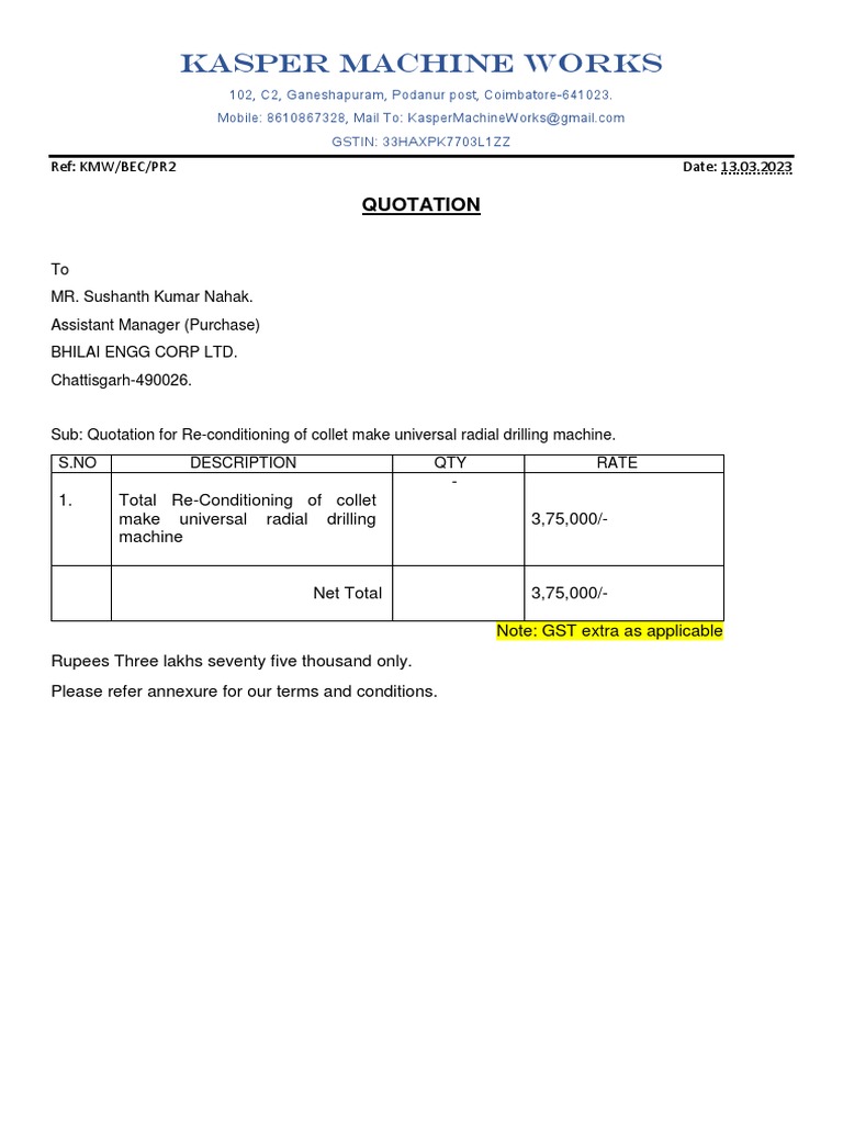 Quotation for Radial Drilling Machine | PDF | Manufactured Goods ...