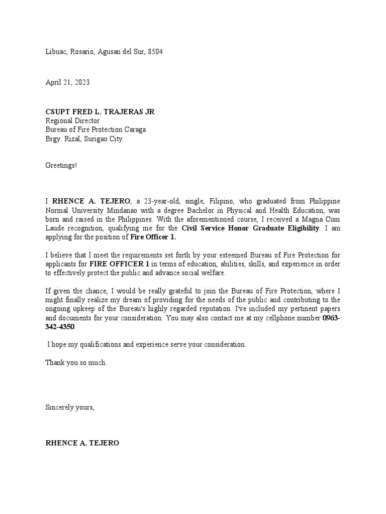 Rhence BFP Application Letter | PDF