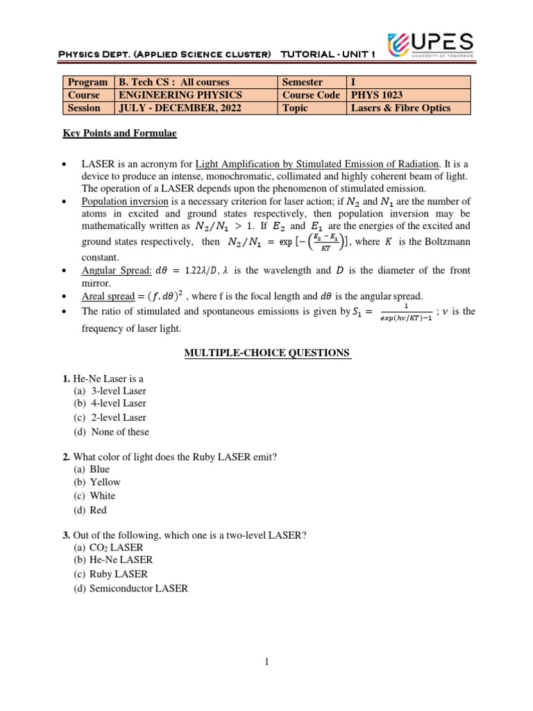 Physics Dept. (Applied Science Cluster) TUTORIAL - UNIT 1 | PDF | Holography | Laser