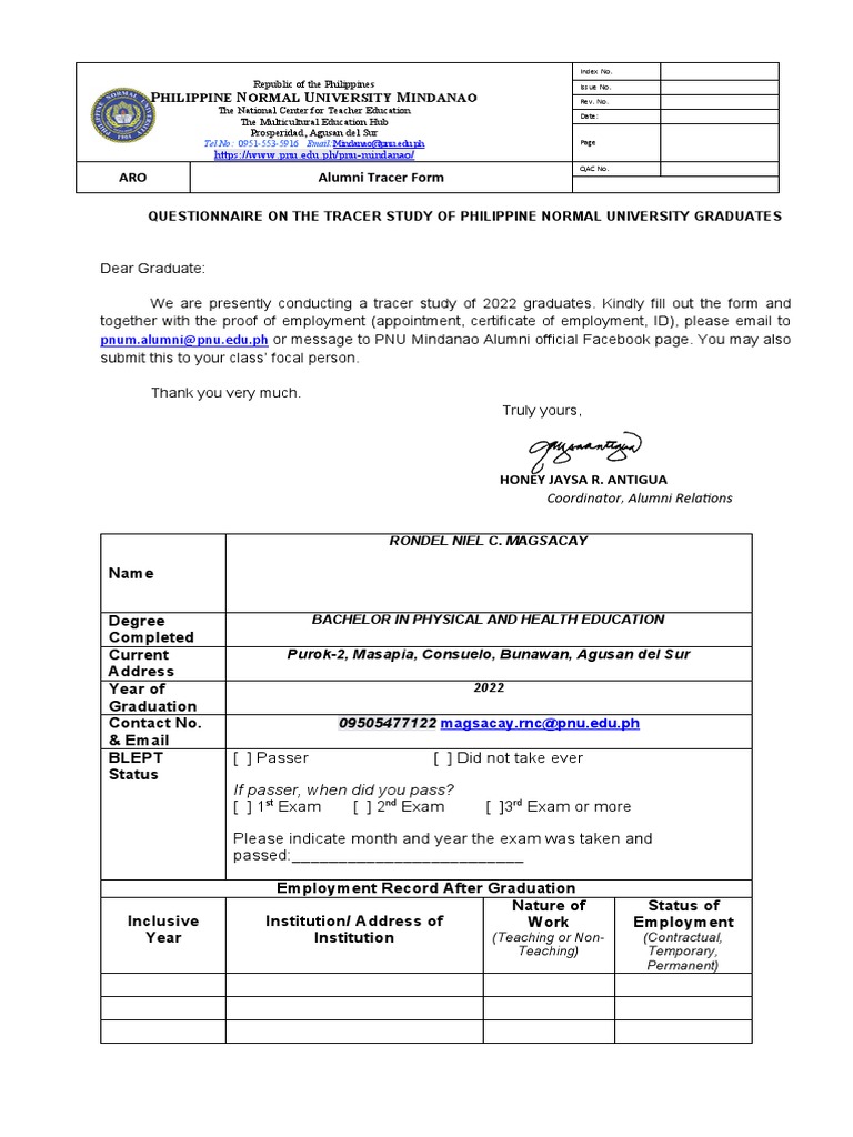 Alumni Tracer Study Questionnaire 2022 | PDF | Behavior Modification ...