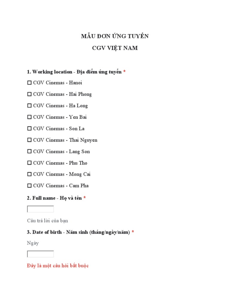 MẪU ĐƠN ỨNG TUYỂN CGV | PDF