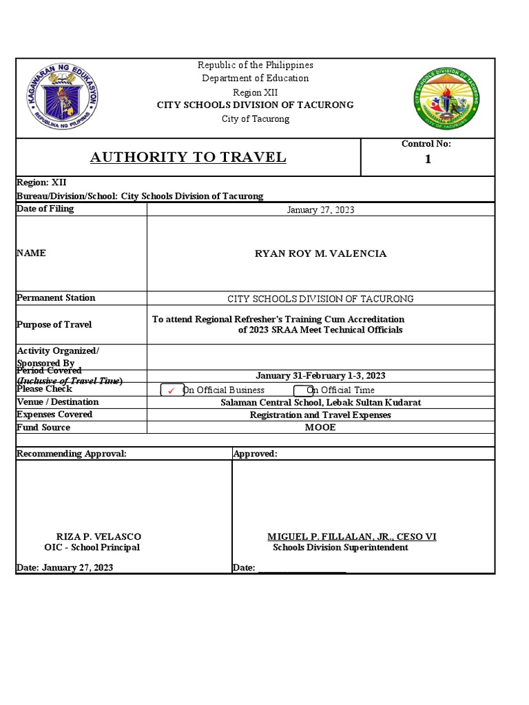 AUTHORITY TO TRAVEL Sample | PDF
