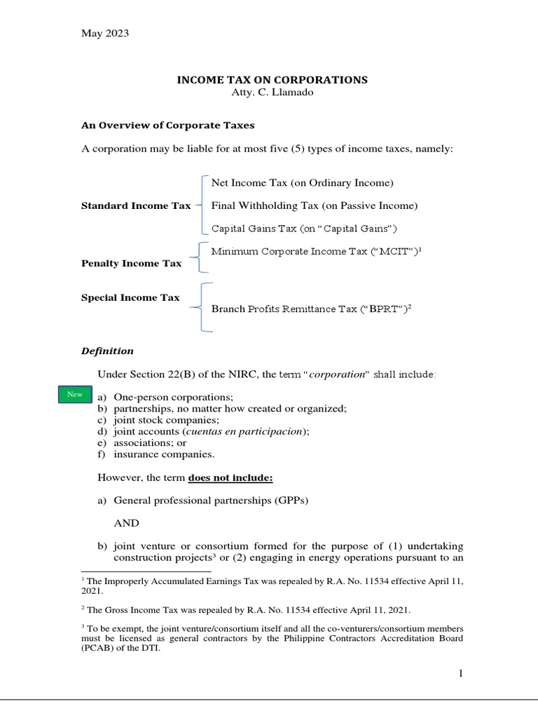 CPAR Income Tax of Corporations (Batch 93) - Handout | PDF | Taxes ...